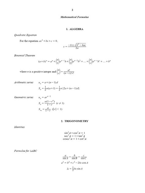 Quadratic Equation Ax Bxc0 X A B B Ac Mathematical Formulae Pdf