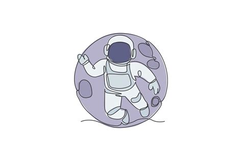 Single Continuous Line Drawing Of Floating Science Astronaut In Spacewalk Flying Against Full