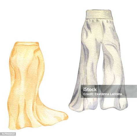 여자의 바지 흰색 배경에 격리된 치마 수채화 그림 여성의 세련 된 의상 여성의 여름 옷이 손으로 그려져 있습니다 상점 판매 잡지 포장 쇼케이스 패턴 디자인 0명에 대한 스톡