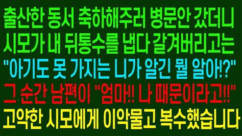 형수가 아기를 낳고 병원에 갔더니 시어머니께서 아기를 돌본 적이 없는 네가 무슨 조언을 할 수 있니라고 하시고 그때 남편이 엄마 이건 나 때문이야라며