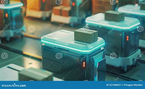 Autonomous Robots Transporting Boxes In Futuristic Warehouse Stock