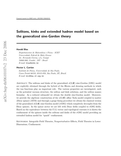 Pdf Solitons Kinks And Extended Hadron Model Based On The Generalized Sine Gordon Theory