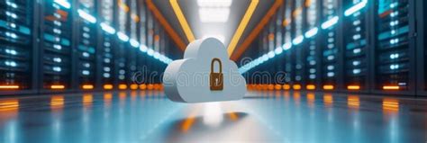 Golden Lock Symbol On White Cloud In Server Room With Blue Lights