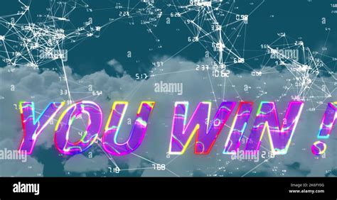 Composite Of You Win Text Connected Dots Forming Geometric Shapes And Numbers Over Cloudy Sky