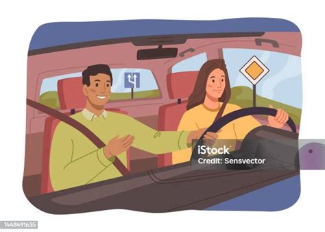 운전 학교에서 운전을 배우는 여성 캐릭터 초보자 운전자 옆에 차에 앉아있는 강사 평면 만화 교육 및 드라이브 레슨 여자와 남자는 차량 안에 앉아 있다 벡터 삽화 강사에 대한
