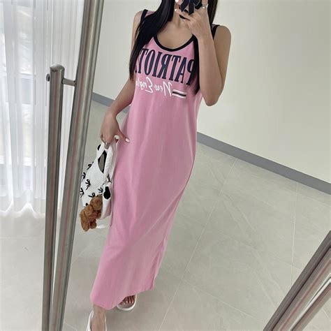 캐주얼 배색 프린팅 나시 면 뒷트임 루즈핏 롱 원피스 3컬러 에이블리