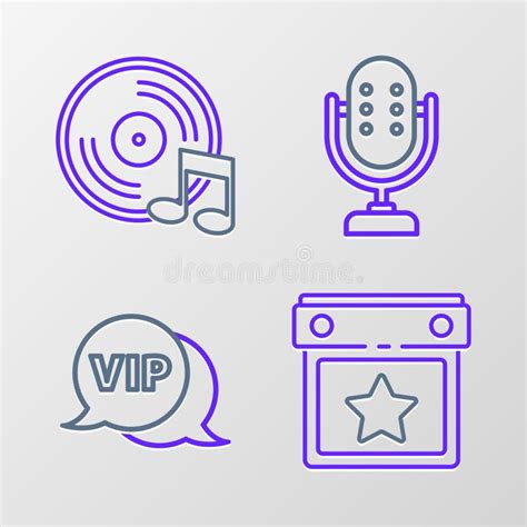 Set Line Calendar Party Vip In Speech Bubble Microphone And Vinyl