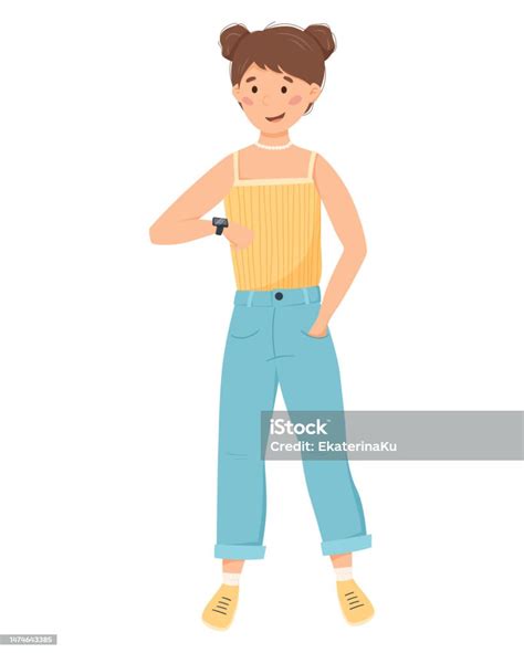 손목에 스마트 시계를 가진 소녀 피트니스 팔찌를 보고 있는 여자 지리적 위치 공유 벡터 격리 된 평면 그림입니다 건강한 생활방식에 대한 스톡 벡터 아트 및 기타 이미지