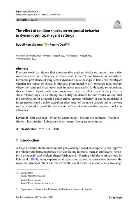 Pdf The Effect Of Random Shocks On Reciprocal Behavior In Dynamic Principal Agent Settings