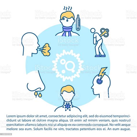 텍스트와 인플루엔자 증상 개념 아이콘입니다 독감 병 고온 고갈 목이 Ppt 페이지 벡터 템플릿입니다 브로셔 잡지 선형 일러스트가 있는 소책자 디자인 요소 감기와 독감에 대한