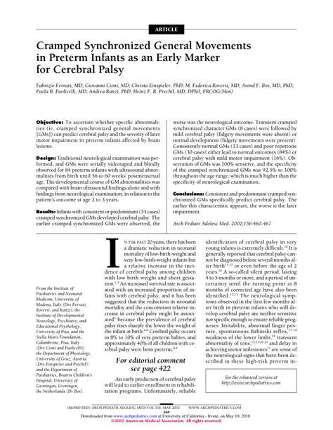 Pdf Cramped Synchronized General Movements In Preterm Infants As An