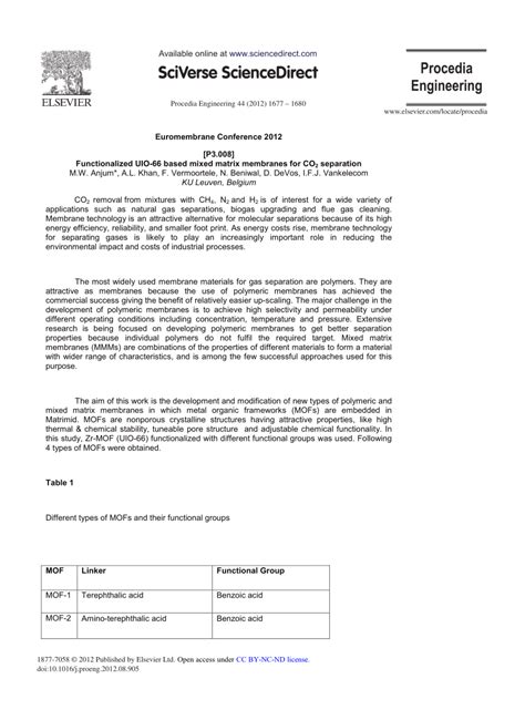 Pdf Functionalized Uio66 Based Mixed Matrix Membranes For Co2 Separation