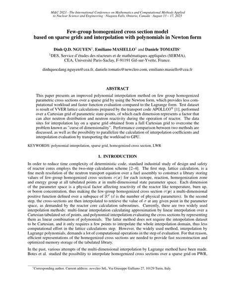 pdf few group homogenized cross section model based on sparse grids