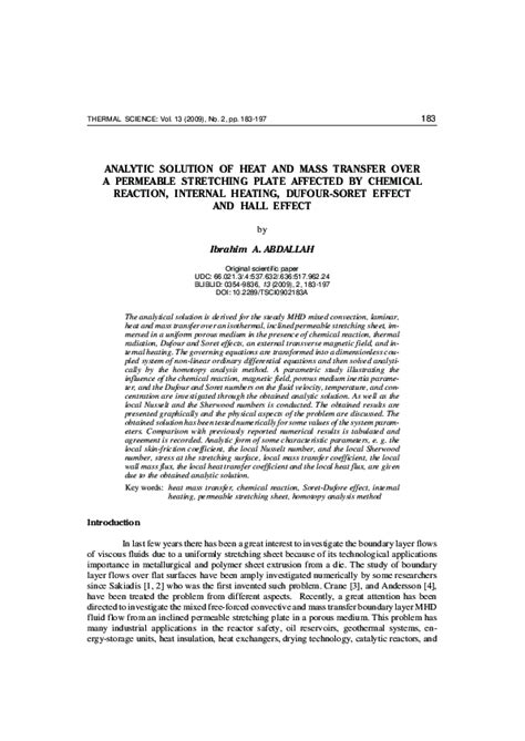 Pdf Analytic Solution Of Heat And Mass Transfer Over A Permeable Stretching Plate Affected By