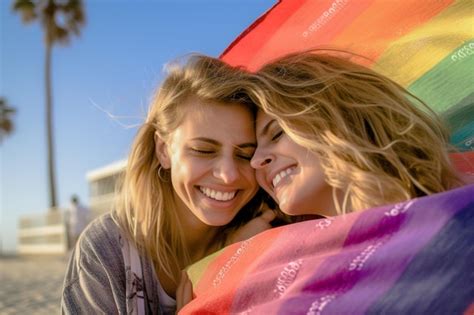 Premium Ai Image Happy Lesbian Couple Celebrating On The Beach The