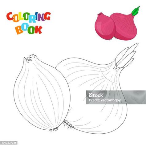 빨간 양파의 윤곽선으로 취학 전 어린이 위한 책 페이지 및 그것의 다채로운 복사본을 착 색 아이 교육에 대 한 벡터