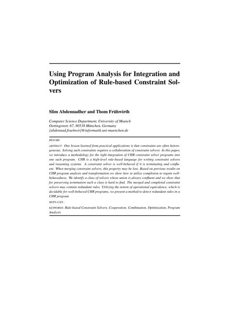 pdf using program analysis for integration and optimization of rule based constraint solvers