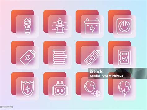 세트 라인 전원 버튼 티 플러그 전기 전기 확장 글로벌 에너지 행성 와이어 케이블 릴 자동차 배터리 Led 전구 및 타워 라인 아이콘 벡터 Led 조명에 대한 스톡 벡터