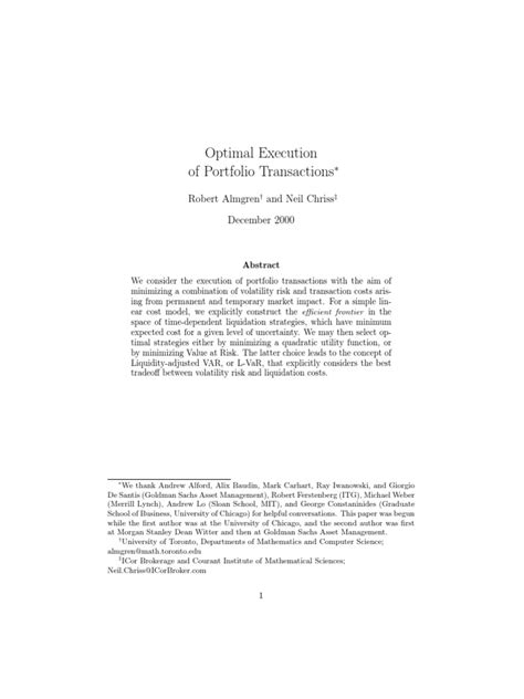 Pdf Almgren And Chriss Optimal Execution Of Portfolio Transactions