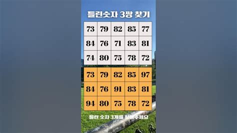 퀴즈왕이 되기 위한 틀린숫자 찾기틀린숫자 3쌍을 맞춰보세요위 아래를 비교하여 틀린숫자 3쌍을 찾아보세요정답을 찾으셨다면 정답을 2번 터치해보세요틀린숫자 숫자퀴즈