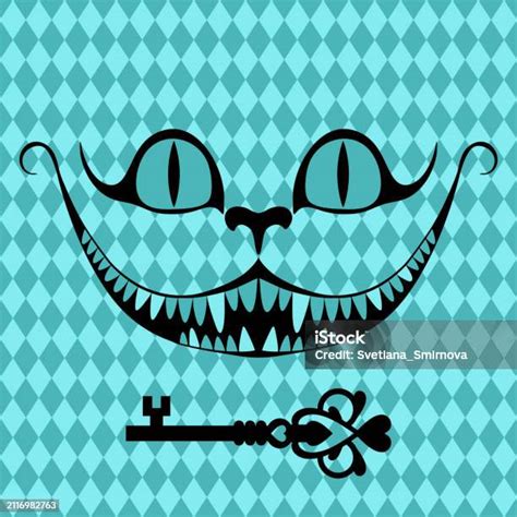 이상한 나라 벡터 카드 미친 티 파티 검은색 실루엣 체셔 고양이의 미소 파란색 체크 무늬 배경에 이상한 나라의 열쇠 이상한 나라의 앨리스에 대한 스톡 벡터 아트 및 기타