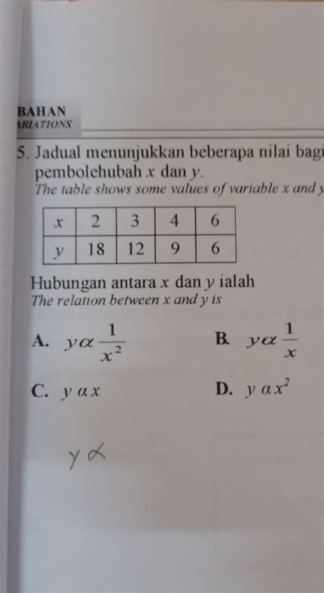 Solved Bahan Ariations 5 Jadual Menunjukkan Beberapa Nilai Bagi