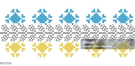 우크라이나어 벡터 파란색과 노란색 색상의 매끄러운 장식 테두리 패턴입니다 픽셀 아트 자수 Vyshyvanka 십자수 Vyshyvanka에 대한 스톡 벡터 아트 및 기타