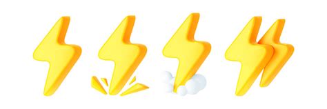 흰색 배경에 스파크 구름 및 이중 벼락 아이콘이 있는 3d 노란색 번개 번개 전기 타격 번개 섬광의 렌더링 3d 만화 간단한 벡터 일러스트 레이 션 3차원 형태에 대한 스톡