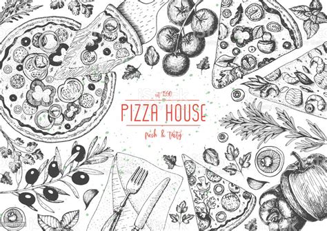 이탈리아 피자 상위 뷰 프레임입니다 이탈리아 요리 메뉴 디자인 서식 파일입니다 빈티지 손으로 그린 스케치 벡터 일러스트입니다 새겨진된 스타일 피자에 대한 스톡 벡터 아트 및