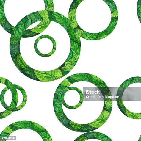 수채화 패턴 기하학 원 모양 흰색 배경에 녹색 단풍이 달린 원형 모양으로 이음새의 디자인 손으로 그린 그림 개념에 대한 스톡 벡터 아트 및 기타 이미지 Istock