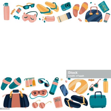선글라스 수하물 헤드폰 티켓 및 플립 플롭은 트렌디 한 플랫 스타일로 드라이 브러시 질감을 제공합니다 가구에 대한 스톡 벡터 아트 및 기타 이미지 Istock