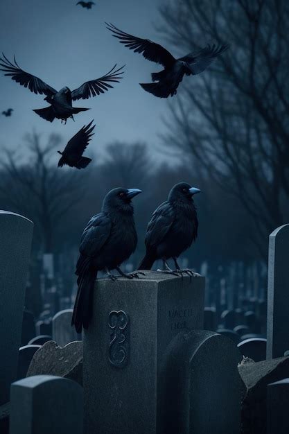 Corbeau De Nuit Dhalloween Debout Sur Le Vieux Cimetière Photo Premium