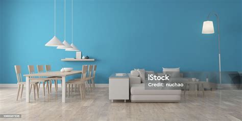 라미네이트 바닥에 파란색 벽 다 이닝 룸 나무 가구와 함께 스 칸디 나 비아 스타일에서의 보기 최소한의 디자인과 아키텍처의 관점입니다 3d 렌더링입니다 0명에 대한 스톡