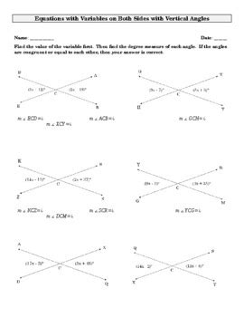 Vertical Angles Equations With Variables On Both Sides TPT Vertical Angles Equations With Variables On Both Sides TPT