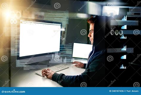 Man Hacker And Hologram With Computer Monitor And Virus Installation