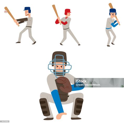 일정 한 게임에 야구 팀 선수 벡터 스포츠 남자 포즈 상황 프로 리그 스포티 문자 상자 그림 경기 스포츠에 대한 스톡 벡터 아트