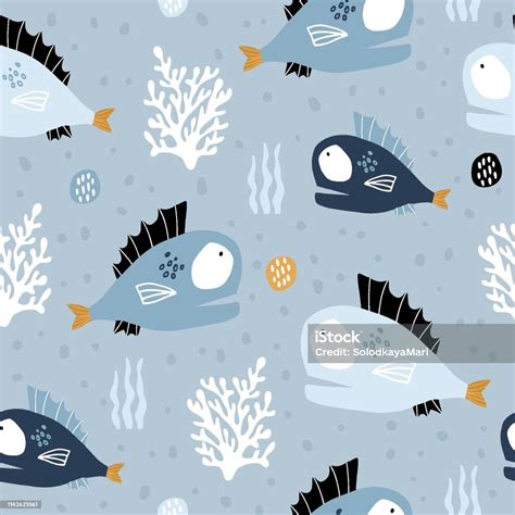 창의적이 고 다채로운 물고기와 산호와 완벽 한 패턴입니다 창조적 인 해저 유치 한 텍스처입니다 직물 섬유 벡터 일러스트 레이 션에 대 한 좋은 그리기에 대한 스톡 벡터 아트