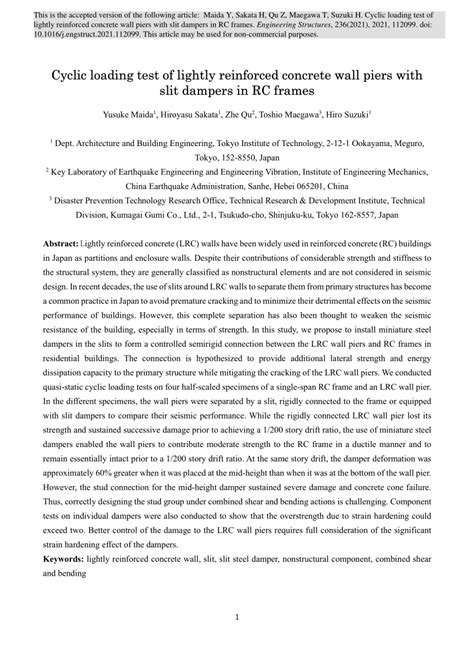 Pdf Cyclic Loading Test Of Lightly Reinforced Concrete Wall Piers With Slit Dampers In Rc Frames