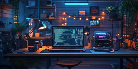 Night Coder Setup Gaming Programming Desk Background Wallpaper Stock