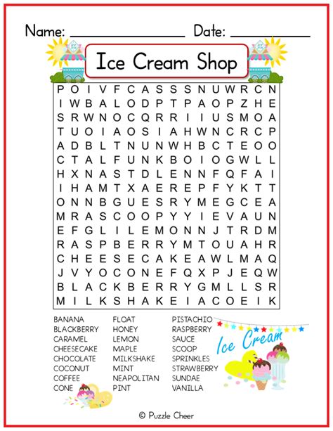 Ice Cream Shop Word Search Puzzle Puzzle Cheer