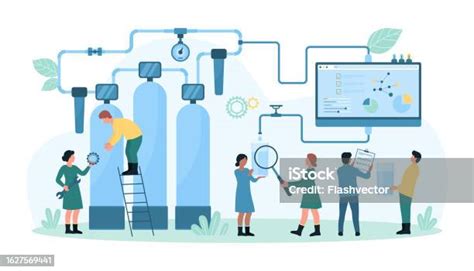 수처리 품질 관리 돋보기로 작은 사람들이 물 탁도를 테스트합니다 순수함에 대한 스톡 벡터 아트 및 기타 이미지 순수함 건강