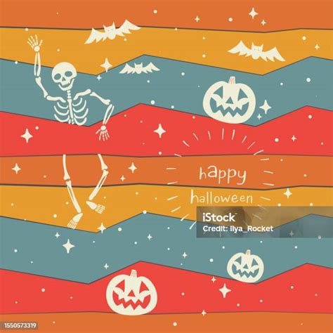 해피 할로윈 배너 해골이 흔들리고 호박이 화려한 줄무늬 배경에 웃고 있는 벡터 삽화 가을에 대한 스톡 벡터 아트 및 기타 이미지 가을 공휴일 다중 색상 Istock