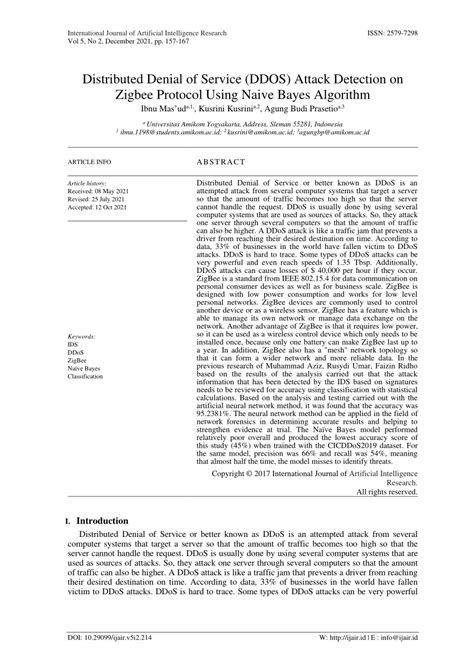 Pdf Distributed Denial Of Service Ddos Attack Detection On Zigbee