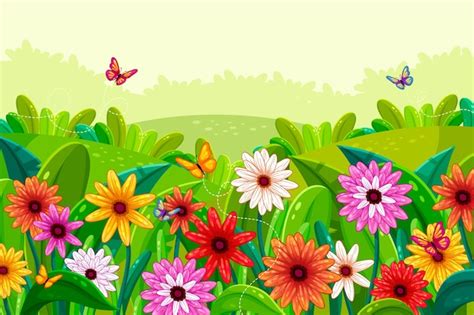 평평한 봄 풍경 그림 무료 벡터