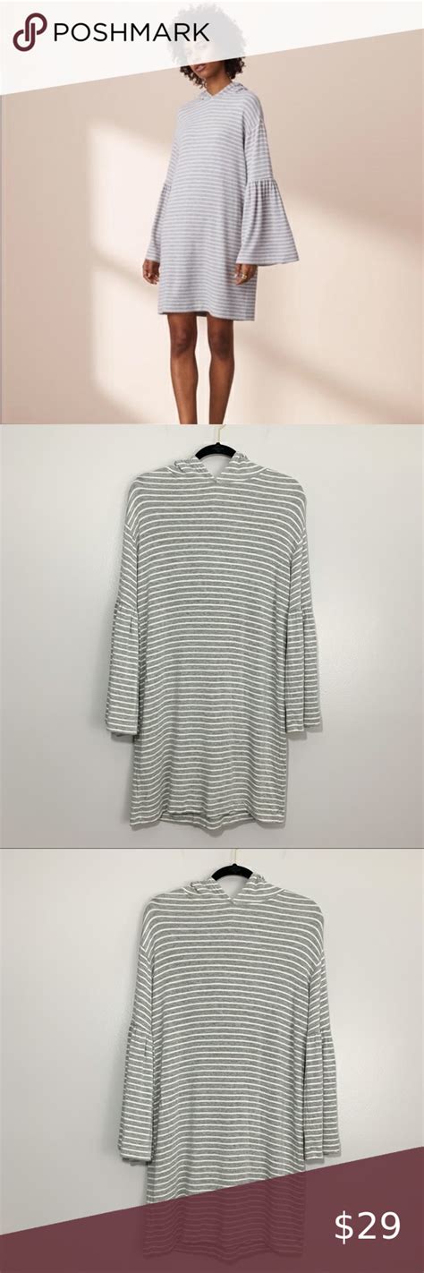 Lou And Grey Striped Bell Sleeve Hooded Tunic Dress Gray Mini Dresses