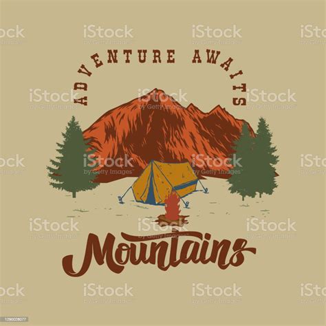 캠프 파이어와 산악 풍경의 빈티지 일러스트 포스터 카드 배너 엠블럼 기호에 대한 디자인 요소 벡터 그림입니다 벡터 일러스트레이션