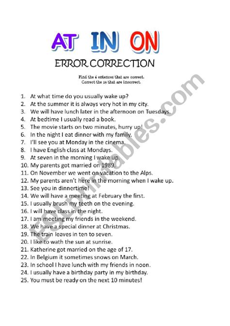 In On At Prepositions Of Time Error Correction Esl Worksheet By Missake2