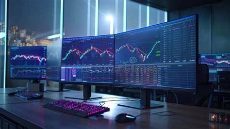 High Tech Trading Workstation With Multiple Screens Financial Trading