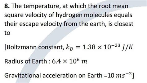 8 The Temperature At Which The Root Mean Square Velocity Of Hydrogen Mo
