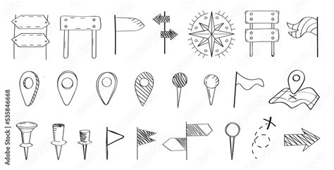 Map Pins Sign Vector Set Hand Drawn Location Icon In Doodle Syle Sketch Flag Vector Set Stock